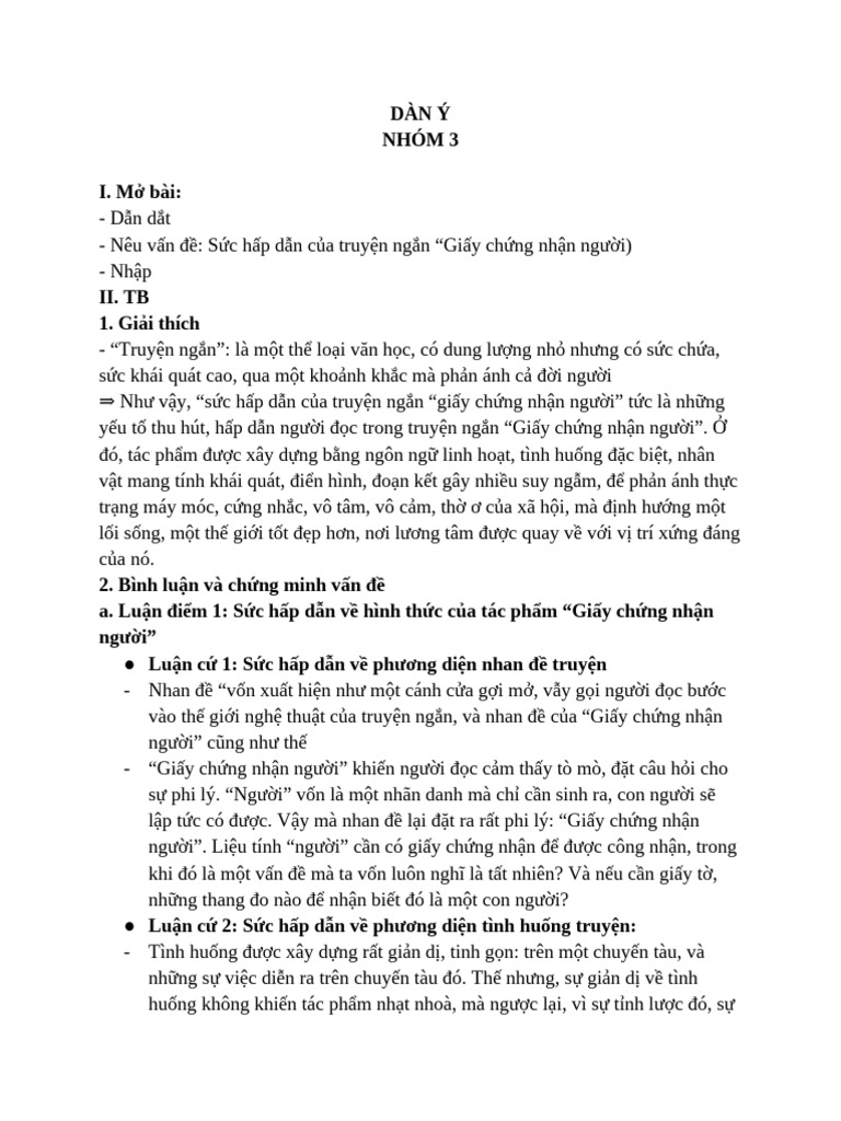 DÀN Ý NLVH - SỨC HẤP DẪN CỦA GIẤY CHỨNG NHẬN NGƯỜI - NHÓM 3 | PDF