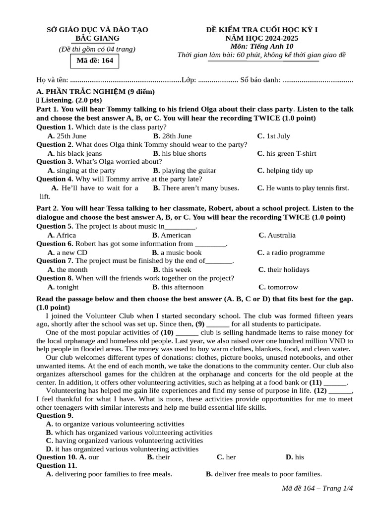 Anh 10 - Ma de 164 HKI 2024-2025 | PDF | Pain | Heart