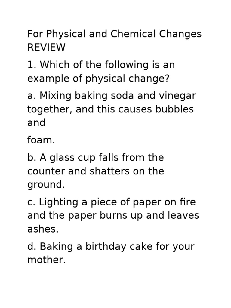 Physical vs Chemical Changes Quiz | PDF