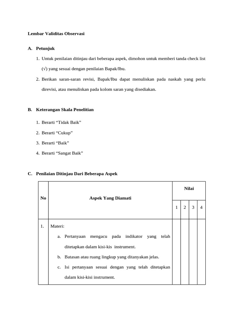 LEMBAR INSTRUMEN VALIDITAS | PDF