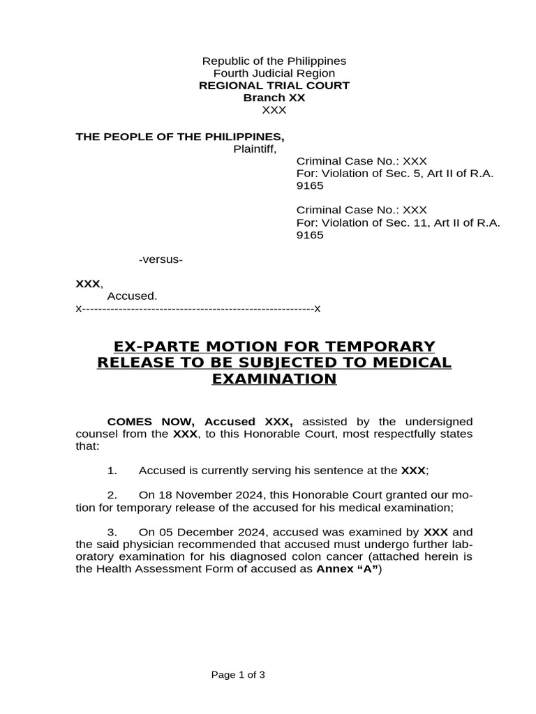 Ex-Parte Motion for Medical Release | PDF | Political Law | Government ...