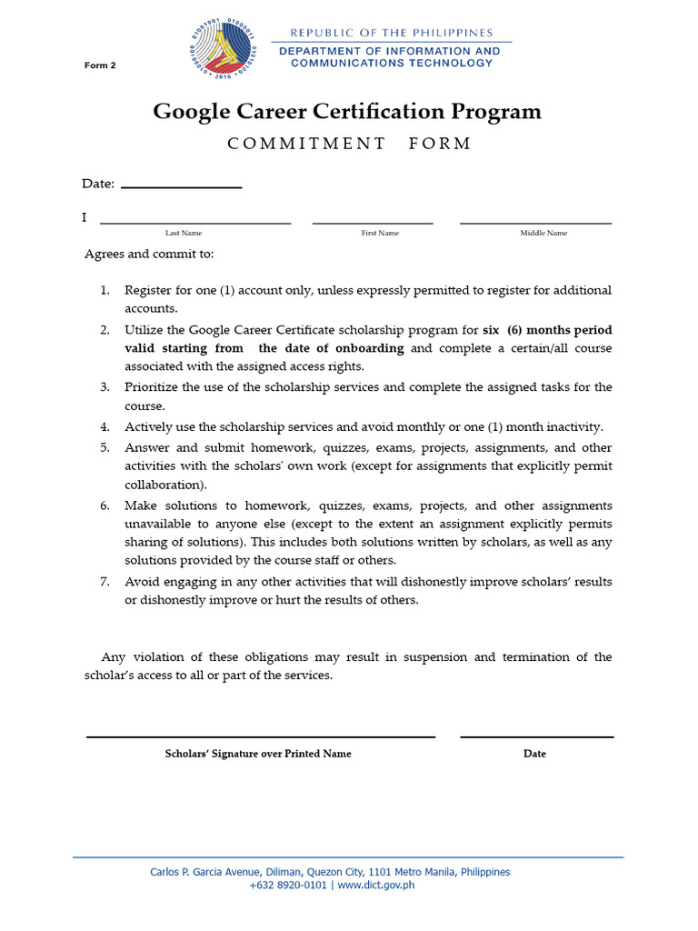 DICT GCC Scholars Commitment Form For General Public | PDF