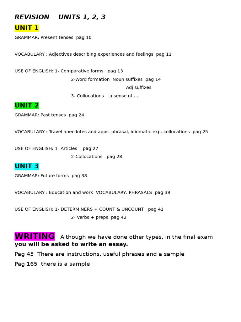 Revision Units 1, 2, 3 | PDF