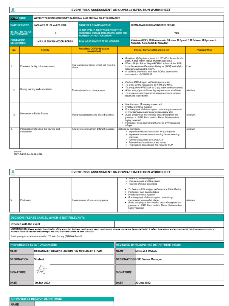 Event risk assessment sukma silat 2022_HSE Vetted copy | PDF | Health ...
