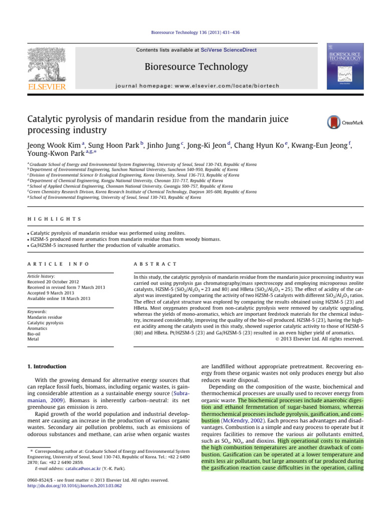 Catalytic Pyrolysis of Mandarin Residue | PDF | Pyrolysis | Adsorption