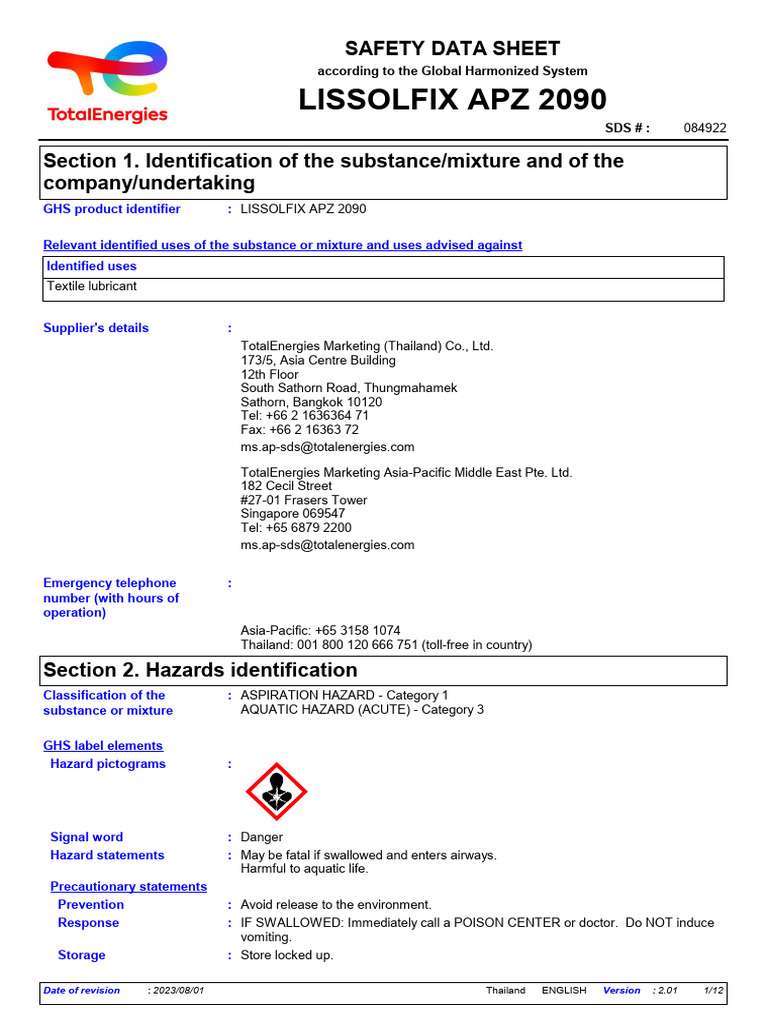 LISSOLFIX APZ 2090 Safety Data Sheet | PDF | Occupational Safety And ...