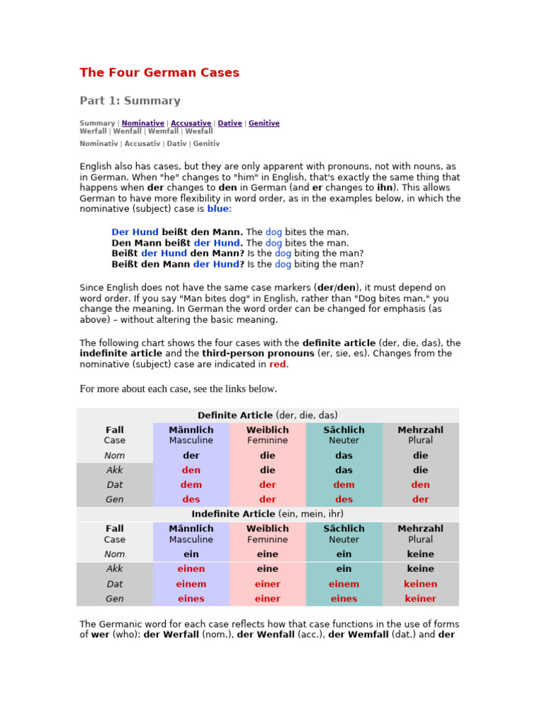 The Four German Cases | PDF | Grammatical Gender | Preposition And ...