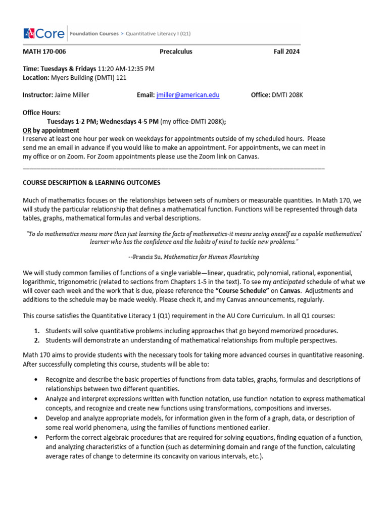 MATH 170-006 Precalculus-Miller-2024F | PDF | Function (Mathematics ...