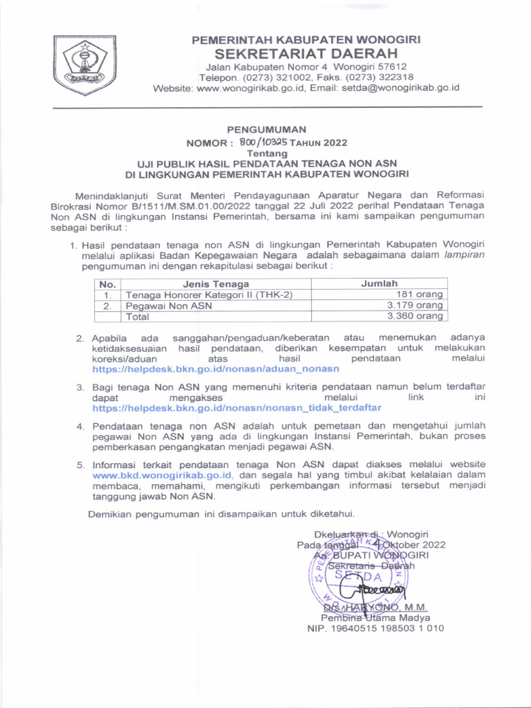 Uji Publik Hasil Pendataan Non ASN Tahun 2022 | PDF