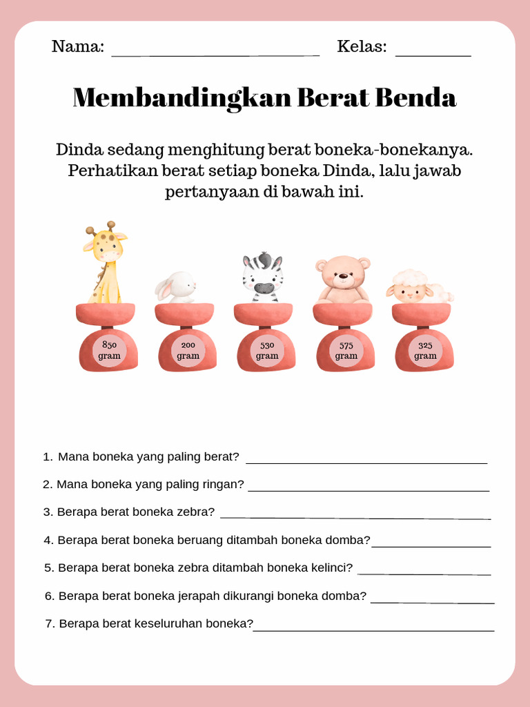 Membandingkan Berat Benda Lembar Kerja Merah Muda Sederhana | PDF
