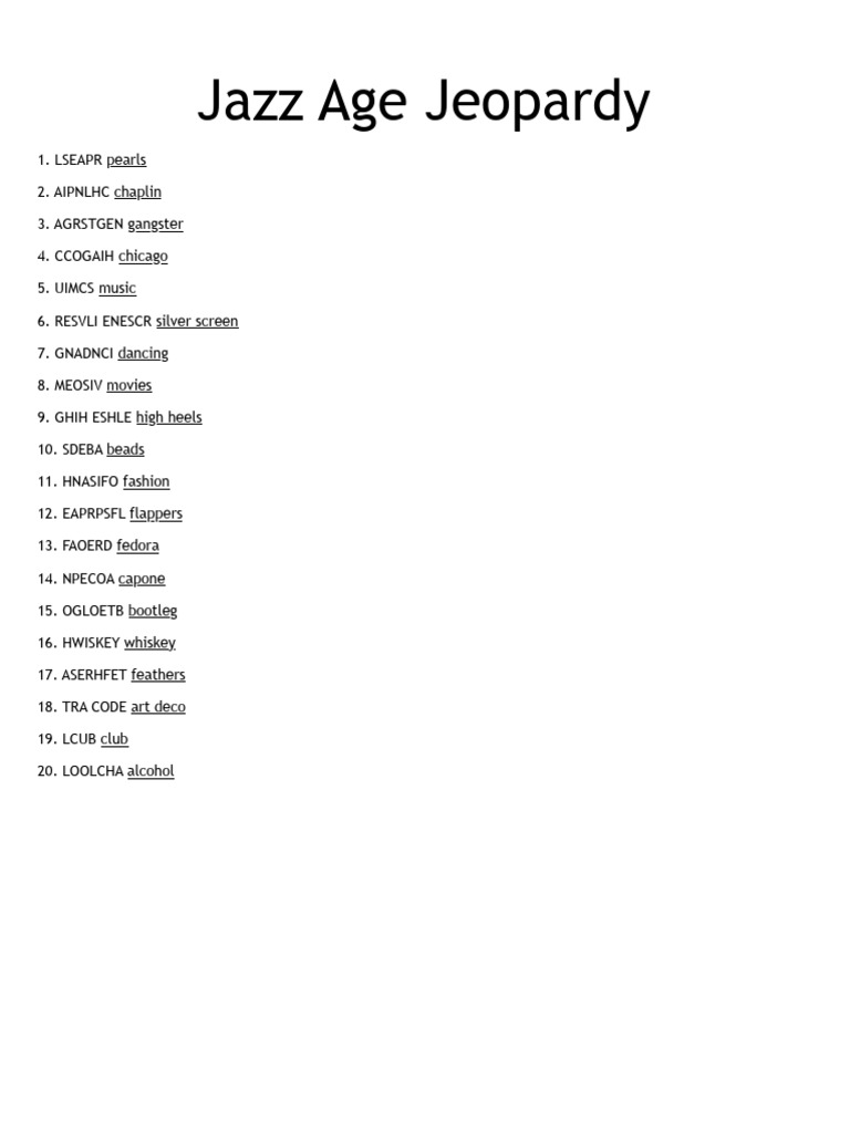 Jazz Age Jeopardy Answer Key | PDF