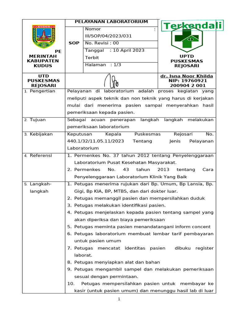 SOP Pelayanan Laboratorium | PDF