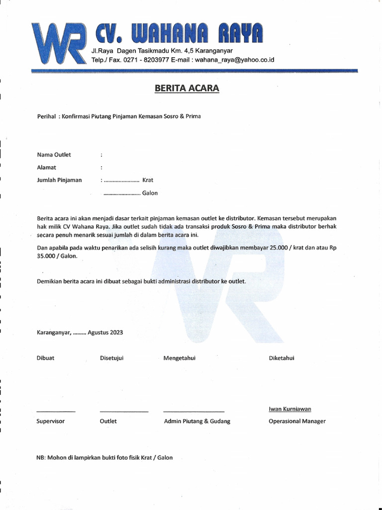 Berita Acara Piutang Kemasan Sosro Dan Galon Prima | PDF
