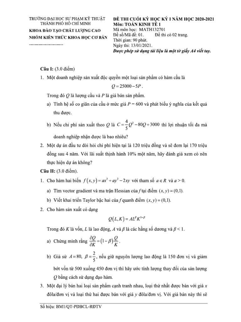 8 Đề thi Toán kinh tế 1 CLC HK1 20-21 | PDF