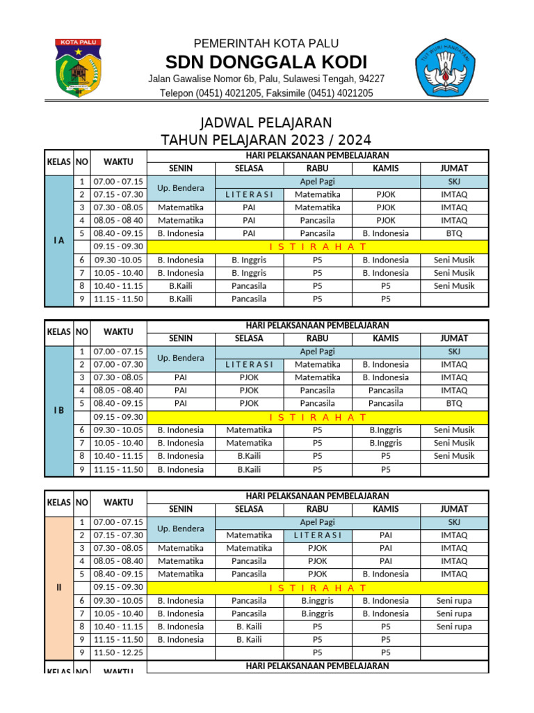 JADWAL 2023 - 2024 (FULL DAY) SDN DONGGALA KODI (REVISI) | PDF