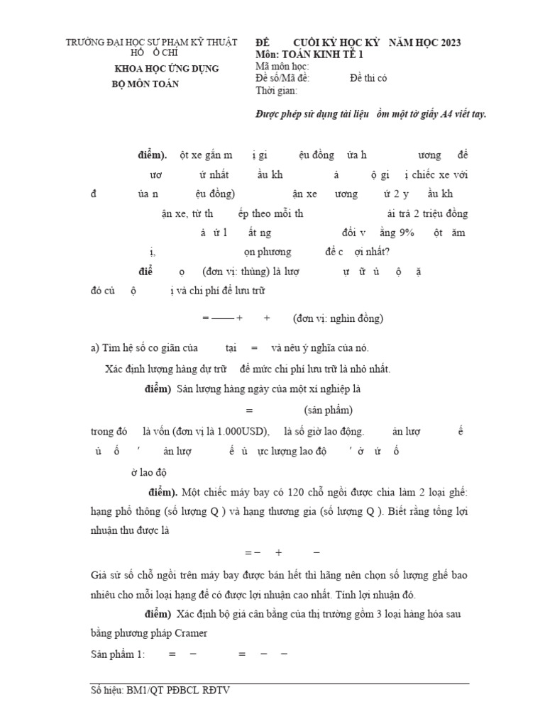 10 Đề thi Toán Kinh Tế 1 HK1 23 - 24 - CLC | PDF