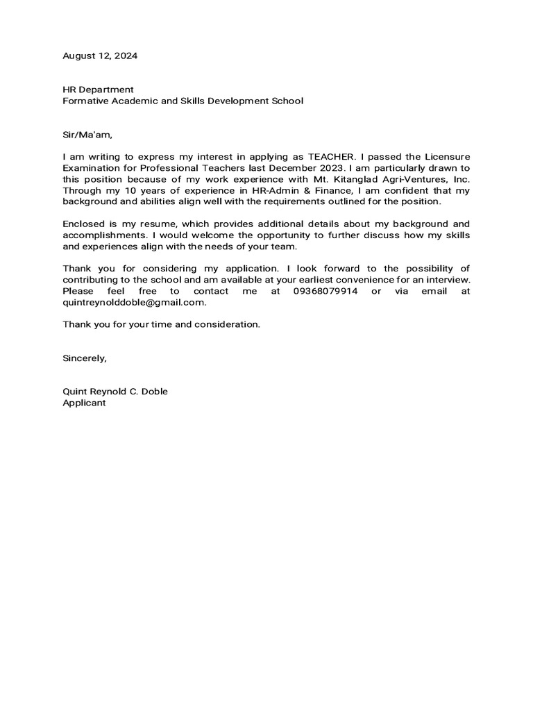 Application Letter - Formative School | PDF