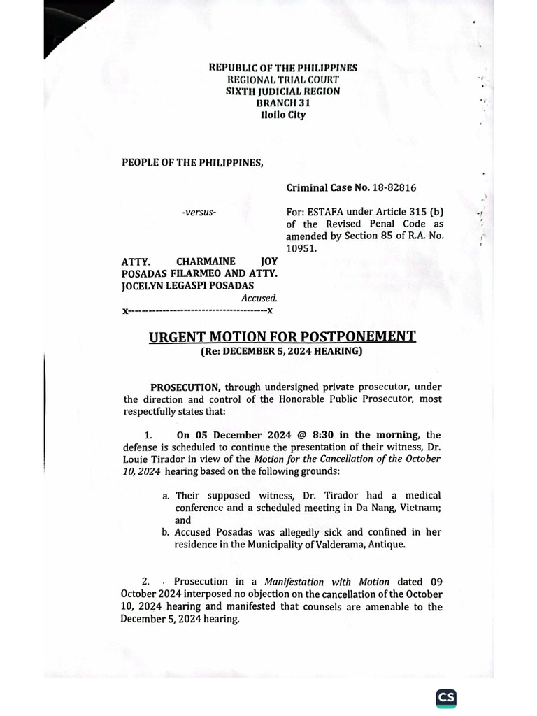 Urgent Motion For Postponement | PDF