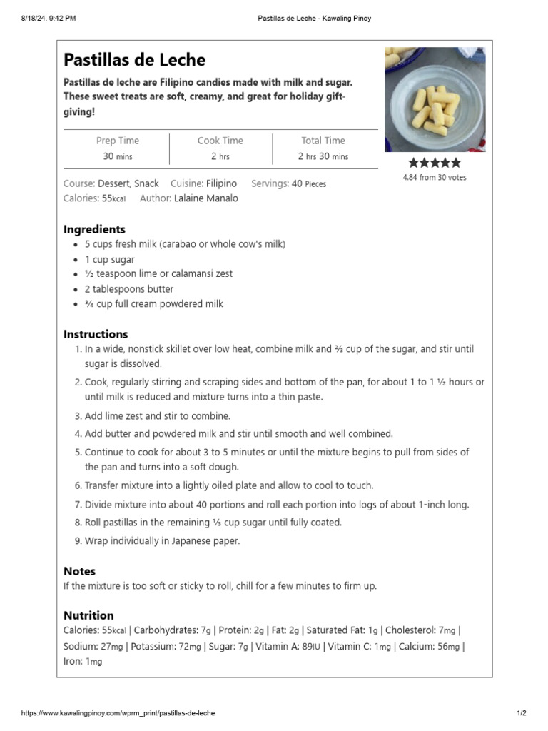 Pastillas de Leche Recipe and Nutrition | PDF | Milk | Sugar