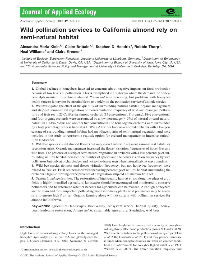 Kelin 2012 Wild Pollination Services | PDF | Pollination | Honey Bee