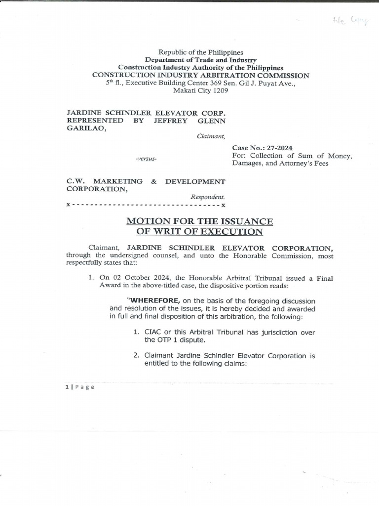 Motion For Issuance of Writ of Execution | PDF