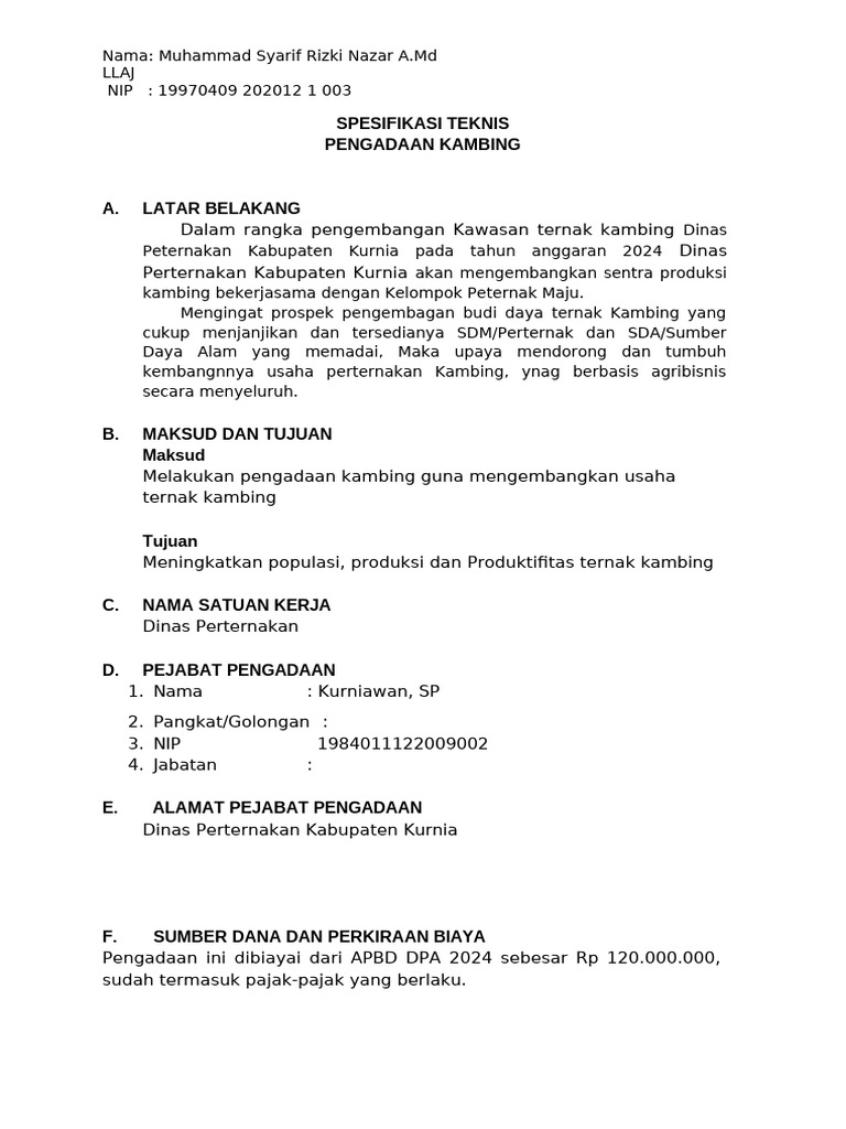 Lampiran 2 Form Spesifikasi Teknis Pengadaan Kambing | PDF
