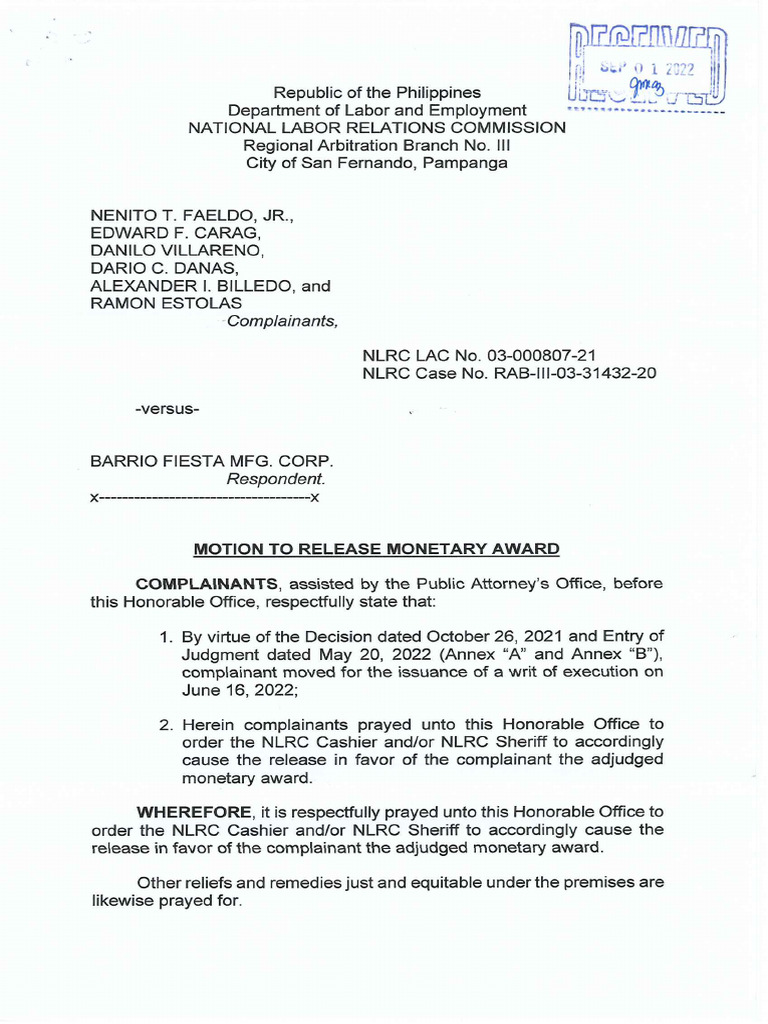 Motion To Release Monetary Award | PDF