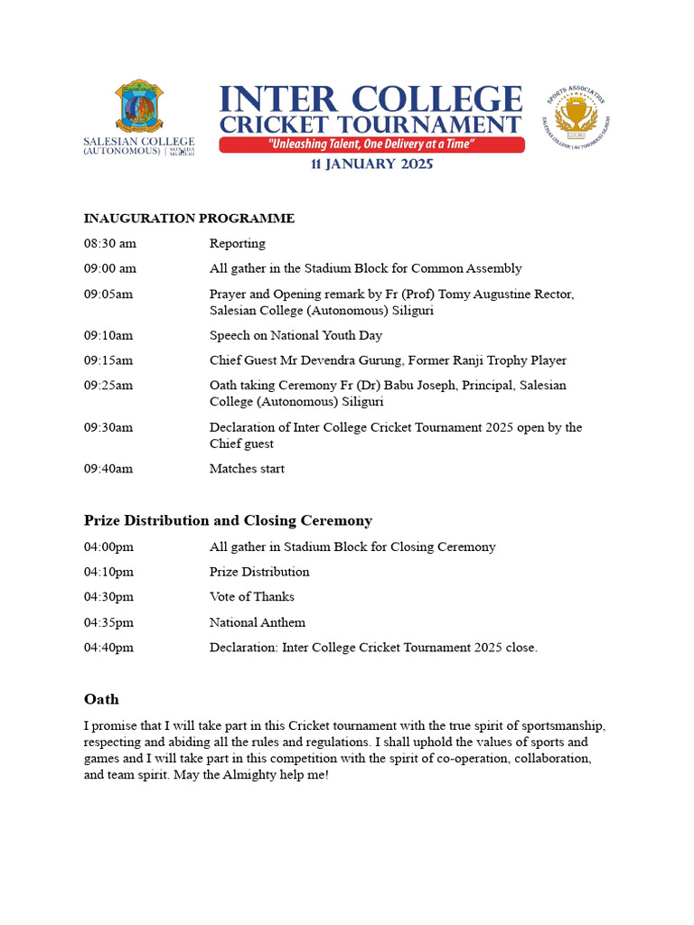 Inter College Cricket Tournament 2025 | PDF