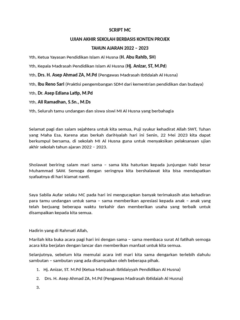 MC Script - Ujian AKhir Sekolah Dan Rundown | PDF