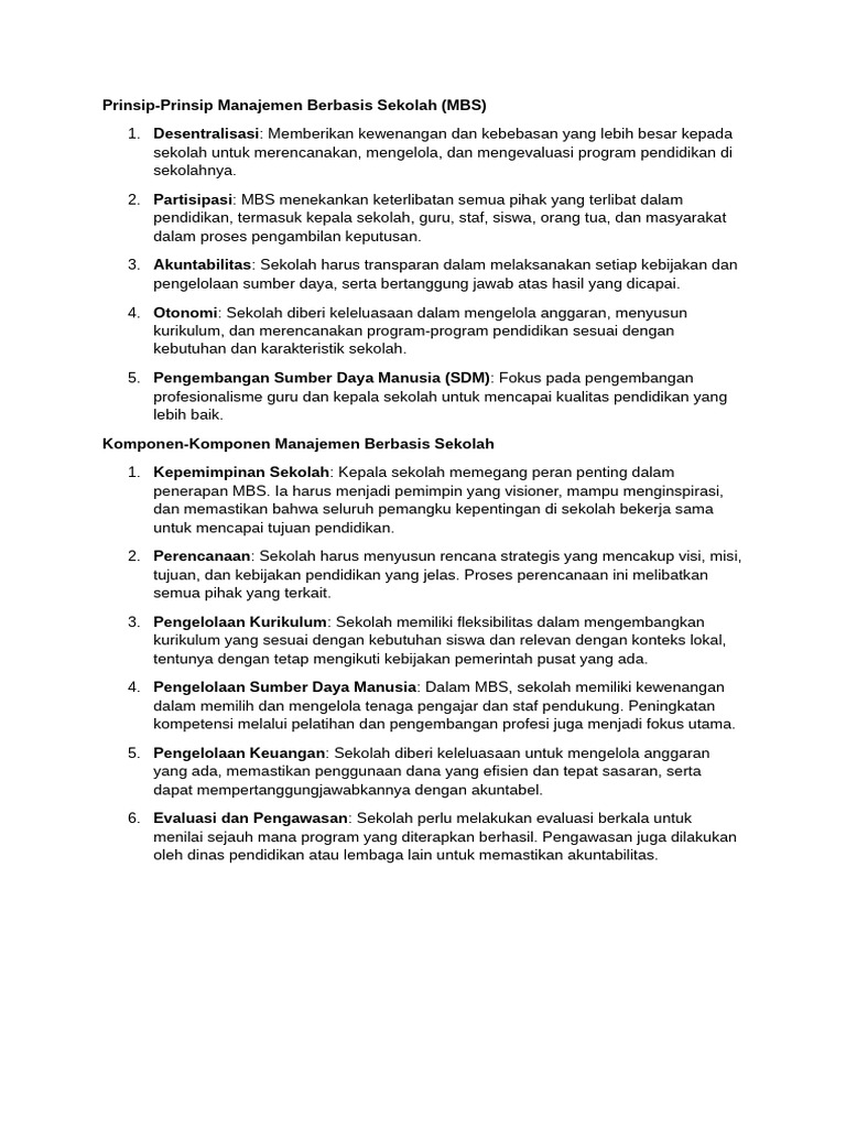 Prinsip-Prinsip Manajemen Berbasis Sekolah (MBS) | PDF
