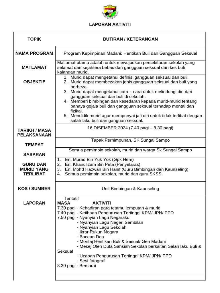 Laporan Program Hentikan Buli & Gangguan Seksual 2024 | PDF