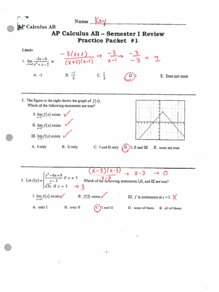 Review Semester 1 Packet 1 Solutions | PDF