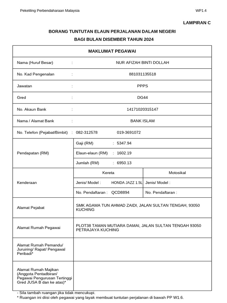 Borang TNT Baru - Nurafizah - Taklimatsmksp | PDF