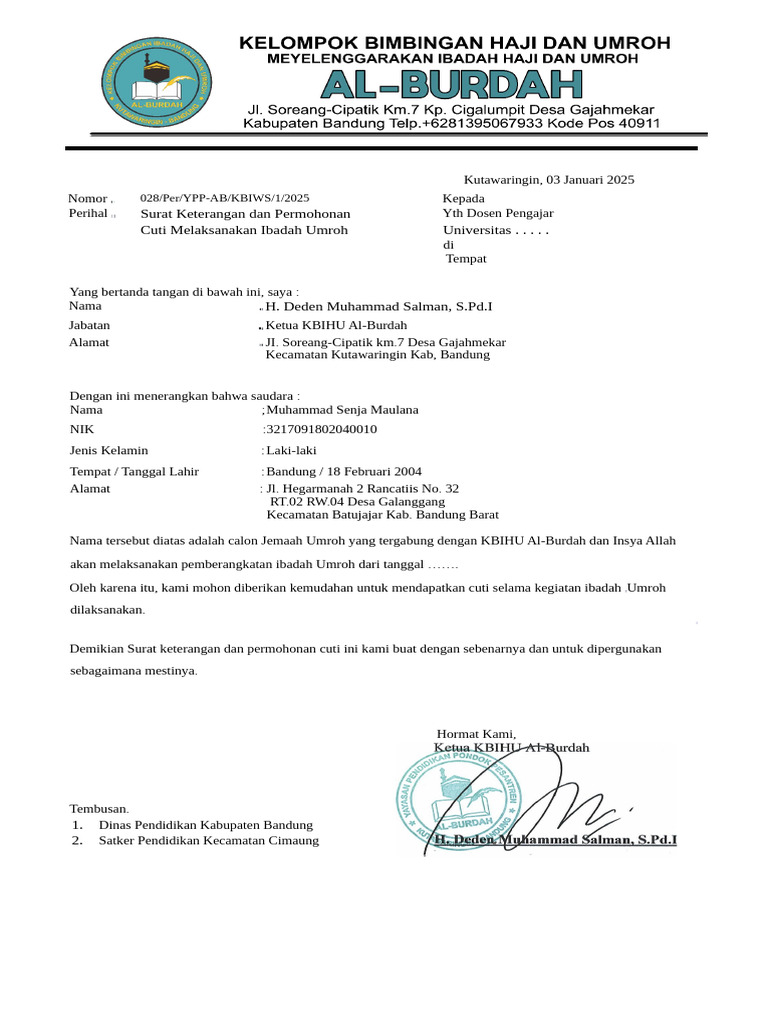 Surat Permohonan Cuti Umroh Pelajar | PDF