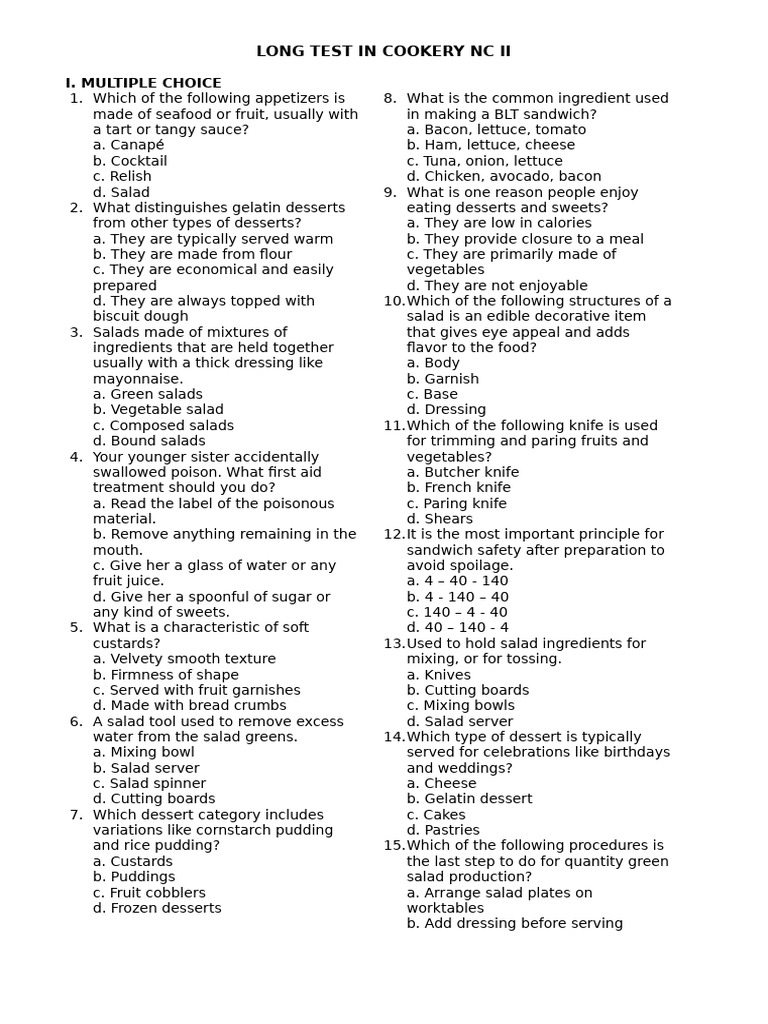 LONG TEST COOKERY | PDF | Salad | Desserts