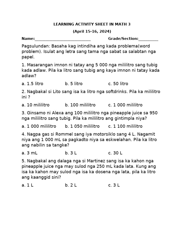 Learning Activity Sheet in Math 3 | PDF