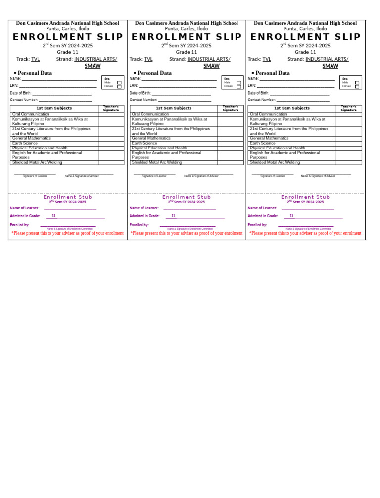 Enrollment-Slip-2024-2025-SHS-2nd-Sem-Grade-11-smaw | PDF | Industrial ...