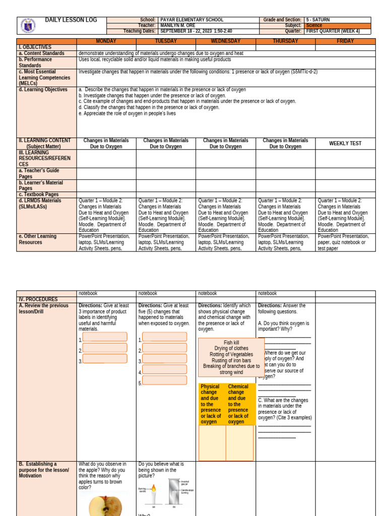 G5 Q1W4 DLL SCIENCE (MELCs) | PDF | Combustion | Rust