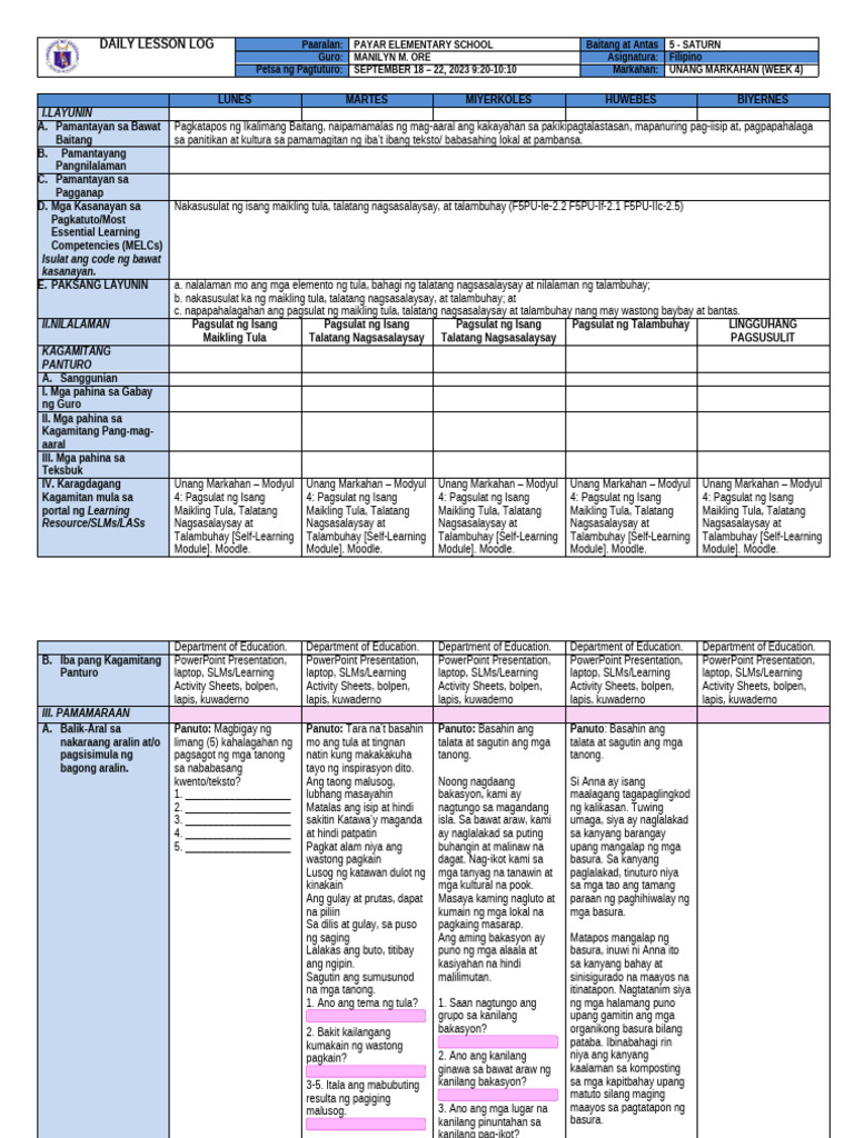 G5 Q1W4 DLL FILIPINO (MELCs) | PDF