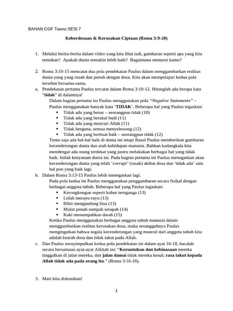 BAHAN CGF Teens SESI 7- Keberdosaan & Kerusakan Ciptaan (Roma 3-9-20) | PDF