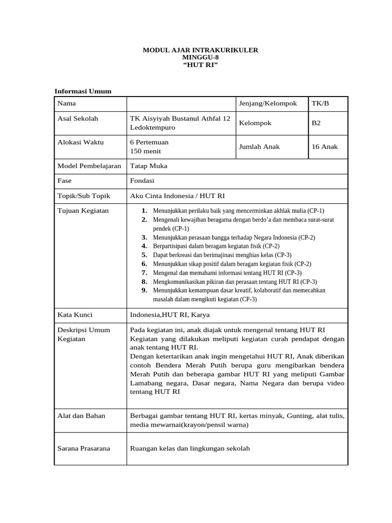 Modul Ajar Intrakulikuler TK Aba | PDF