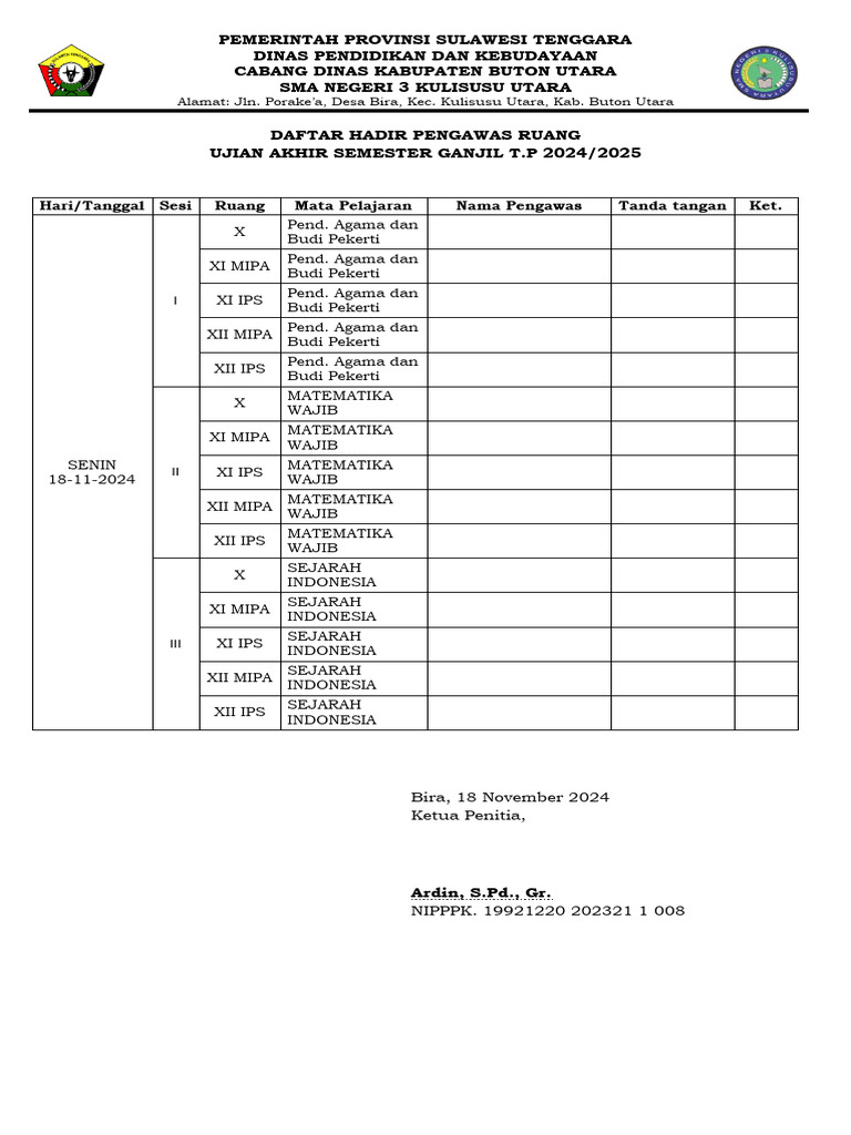 Daftar Hadir Pengawas Uas Ganjil 2024-2025 | PDF