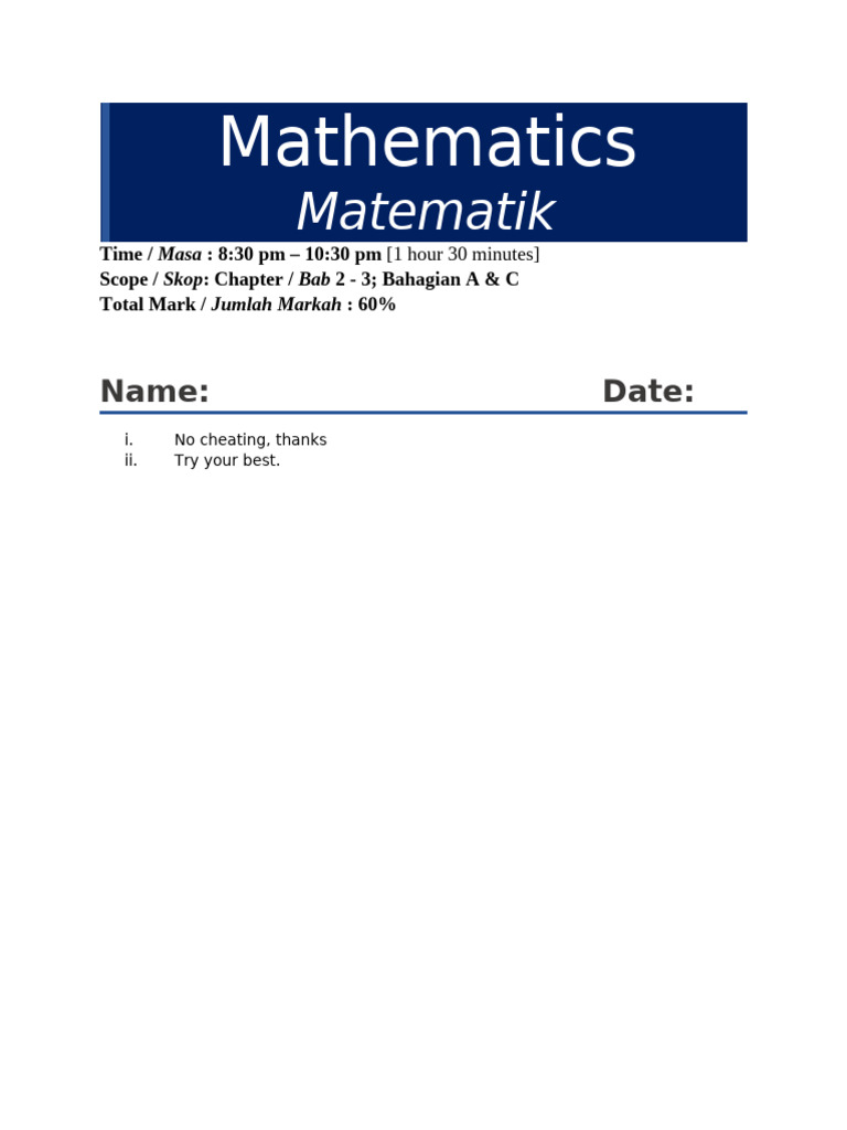 Mathematics Test Paper Form2 | PDF