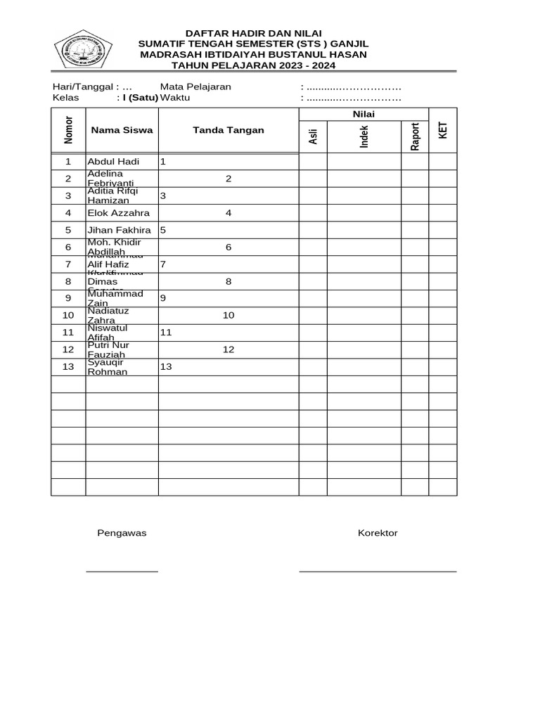 Daftar Hadir & Nilai STS Ganjil 2023-2024 | PDF