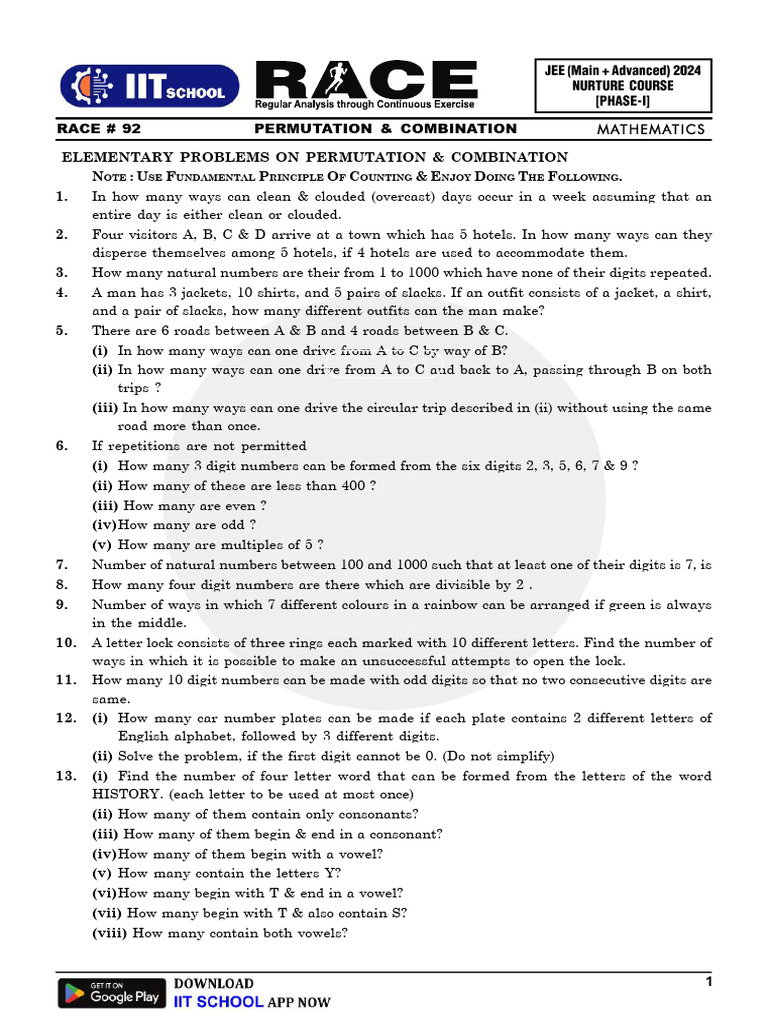 RACE - Permutations and Combinations | PDF | Permutation | Consonant