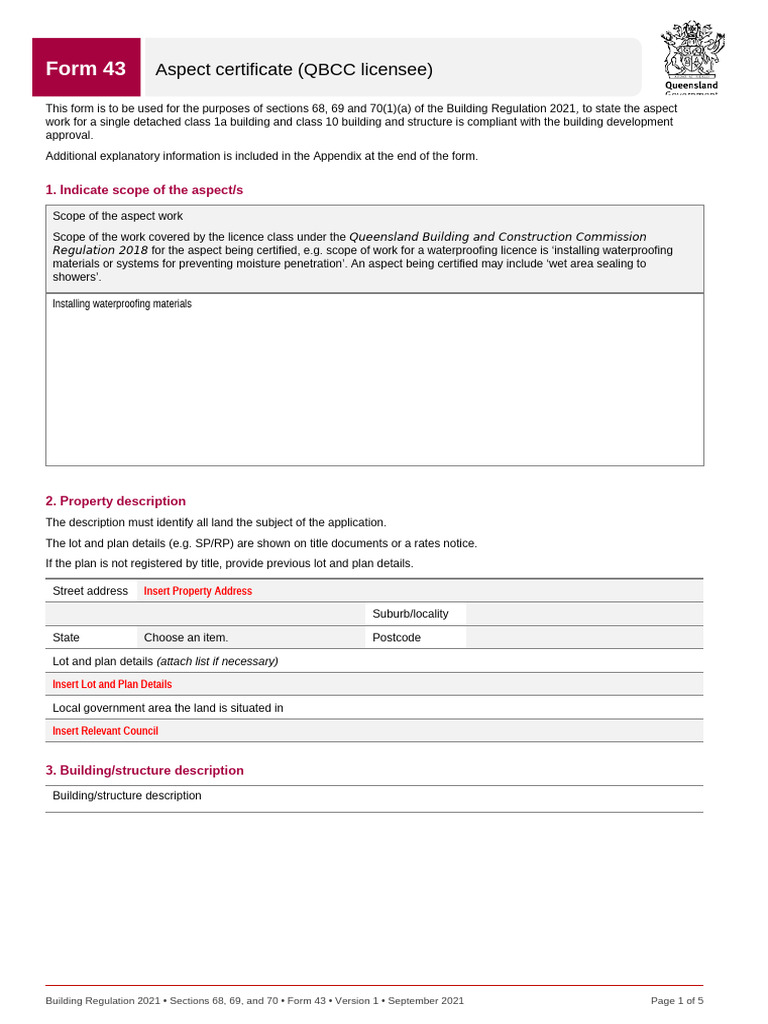 QBCC Form 43 Waterproofing Certificate | PDF | License