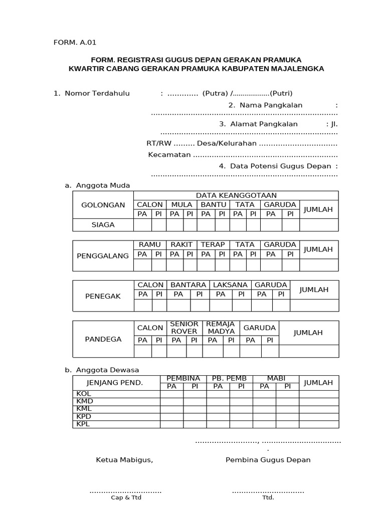 Contoh Form. Registrasi Gugus Depan Gerakan Pramuka | PDF