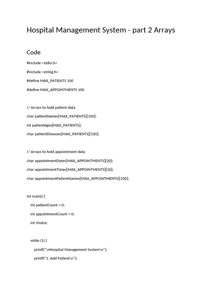 Hospital Management System - Arrays | PDF | Software | Computer Science