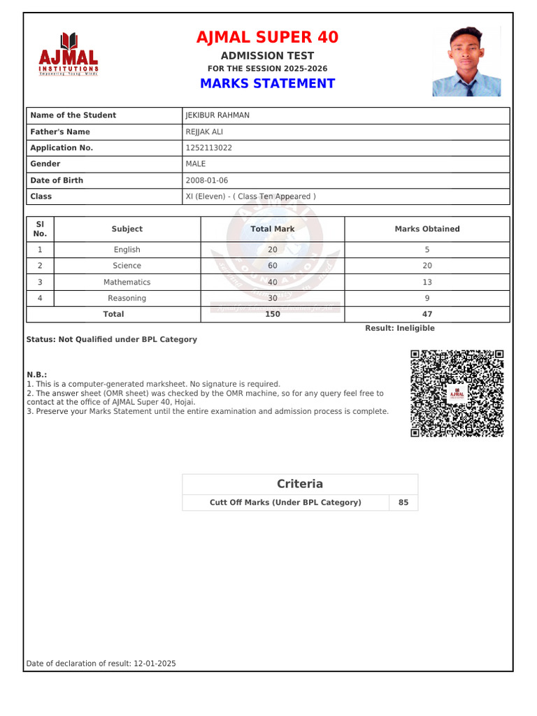 Ajmal Super 40: Marks Statement | PDF
