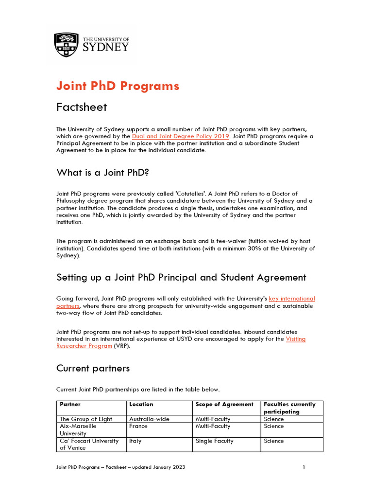 Joint PHD Programs Factsheet | PDF | Doctor Of Philosophy | Qualifications
